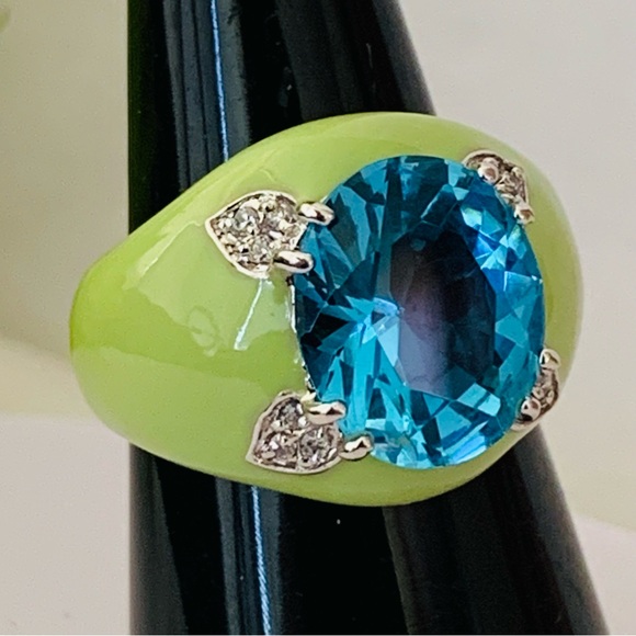 Jewelry | Sparkling Blue Stone Lime Green Enamel Cocktail Ring | Poshmark